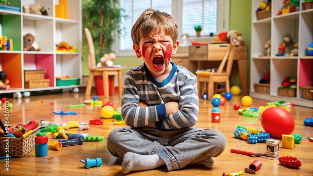 Frustrated young boy, face red with rage, crosses arms and scowls ...