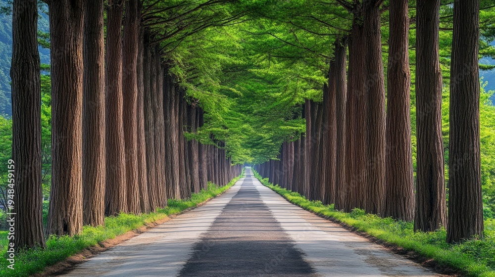 Nature's Pathway: Damyangaes metasequoia tree-lined road, Korea, with ...