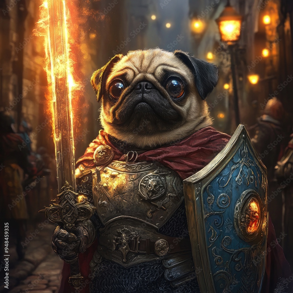 A brave pug wearing armor, holding a sword, stands confidently in a ...