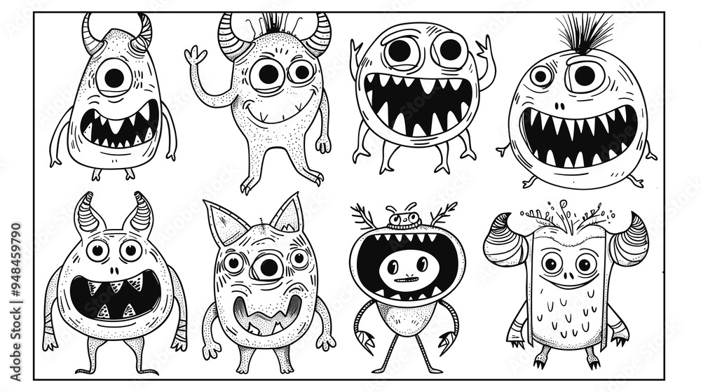 set of doodle cartoon characters color page, humor funny monster zombie ...