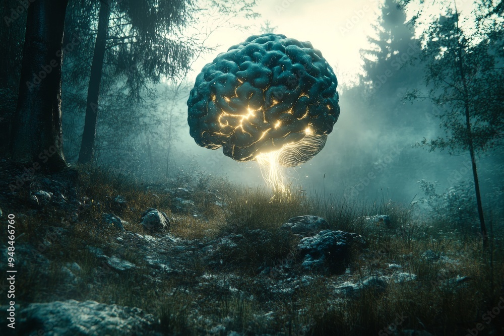 A mysterious brain like structure in a misty forest representing the ...