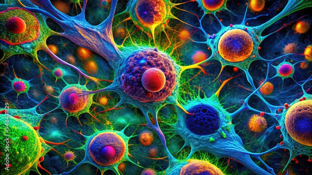 High-contrast microscopic image of fluorescently labeled cells ...