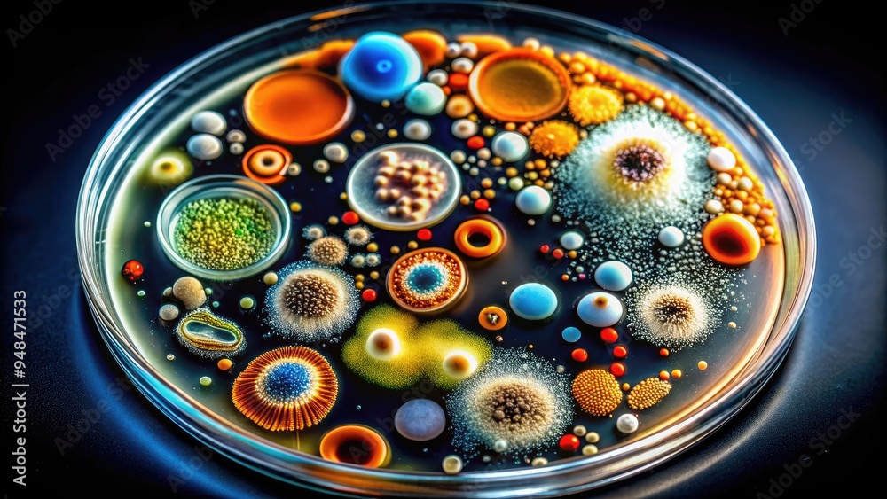 High-contrast microscopic image of various microorganisms, bacteria ...