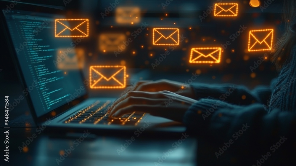 Person Typing with Floating Email Icons Indicating Active Conversation ...