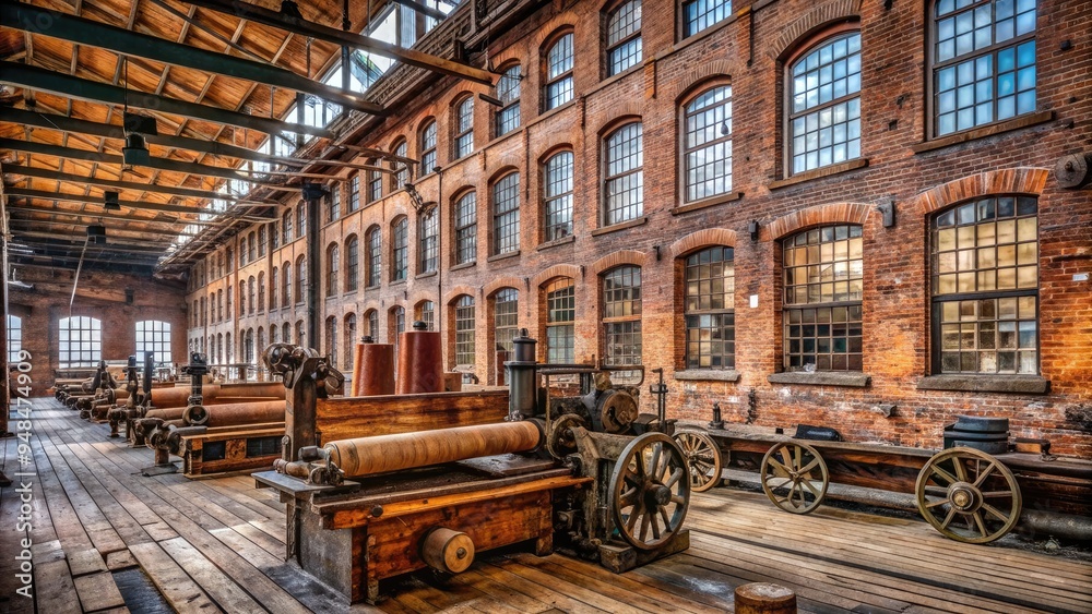 Historic textile mill with rustic brick exterior, worn wooden beams ...