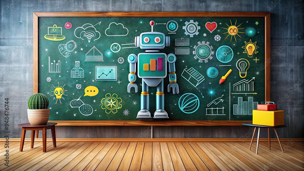 Illuminated chalkboard with colorful icons and graphs surrounds a robot ...