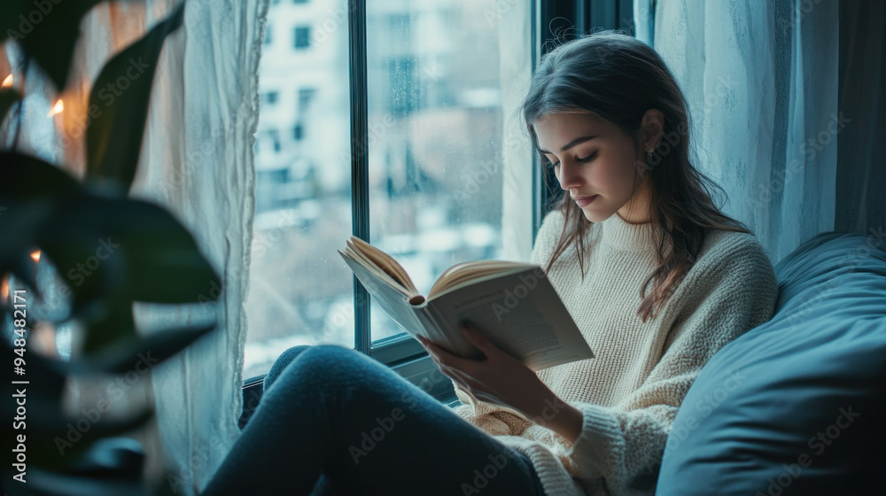 Cute girl reading a book by the window, wearing a cozy outfit, inside a ...