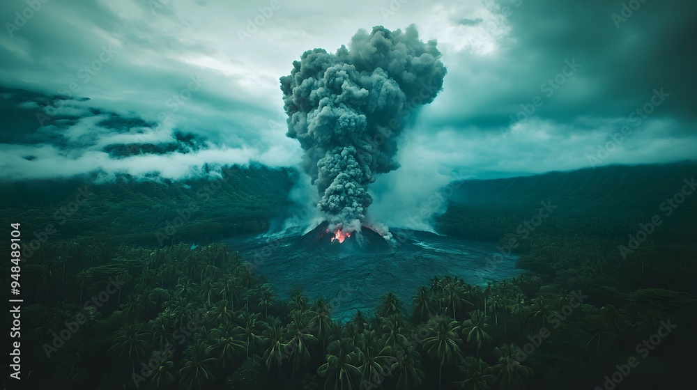 Wide-angle aerial image of a volcano erupting with a big ash and smoke ...