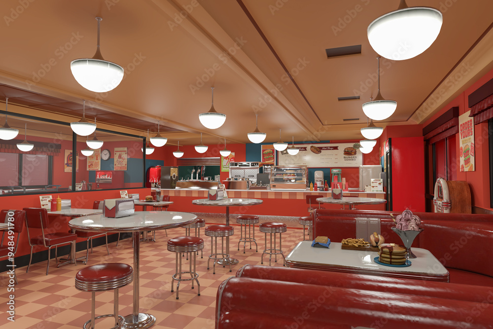 Interior of a vintage American diner with red vinyl seats and checked ...