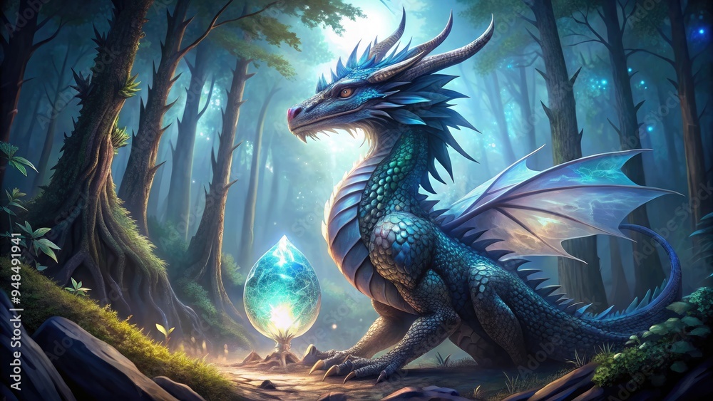 Magnificent dragon wraps its shimmering scales around a glowing crystal ...