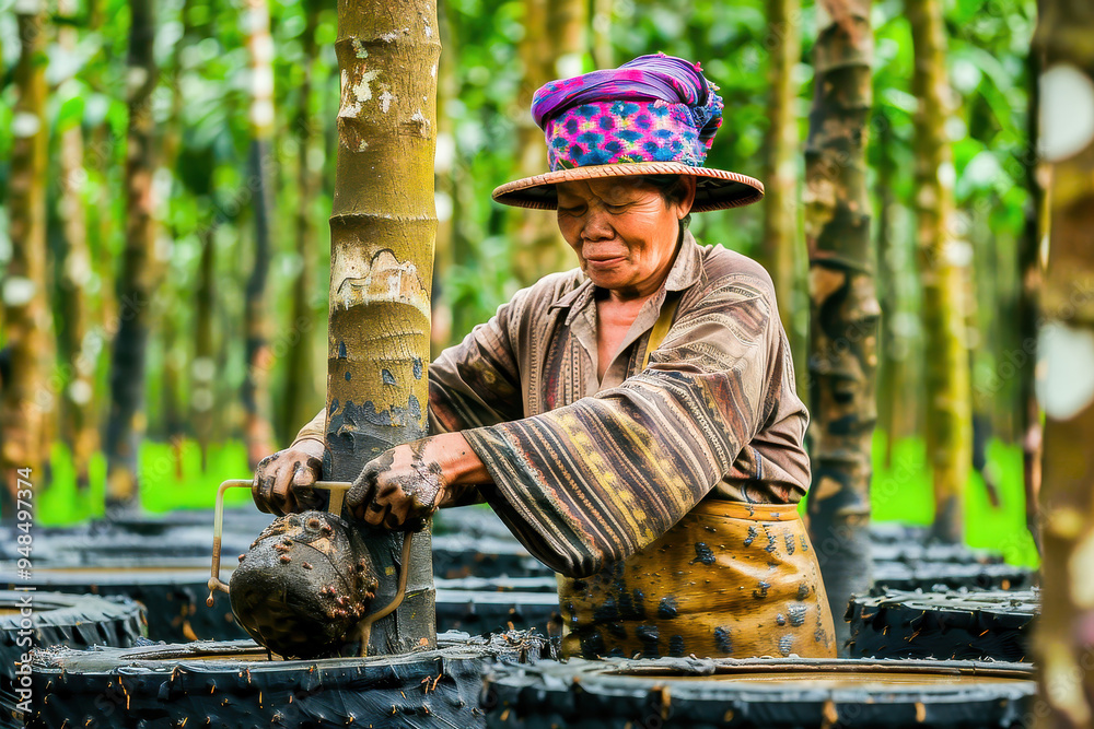 Traditional rubber farmer tapping trees in a lush rubber plantation ...