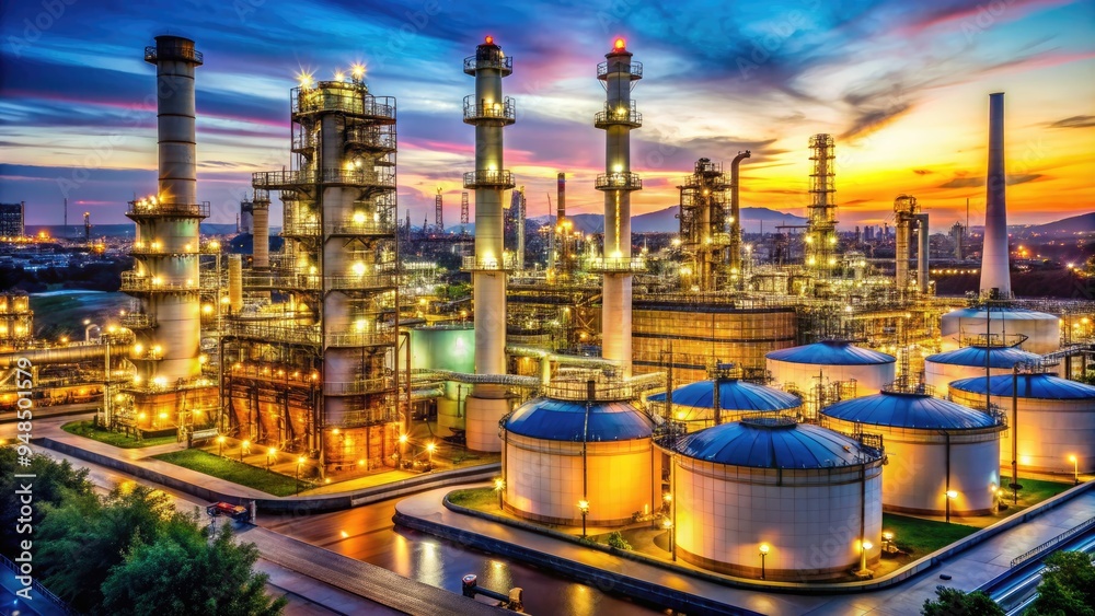 Massive oil refinery complex with towering storage tanks, pipes, and ...