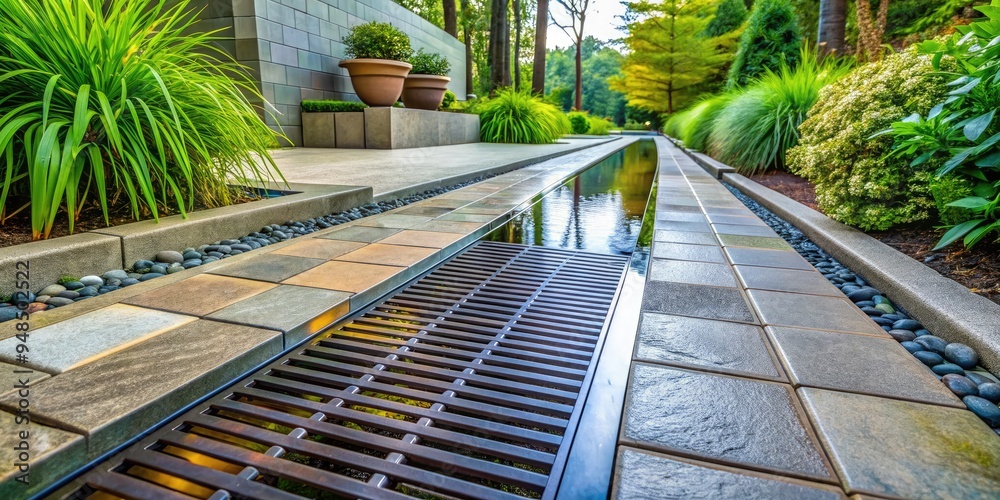 Metal grate covering gap between flat stone pavers, allowing rainwater ...