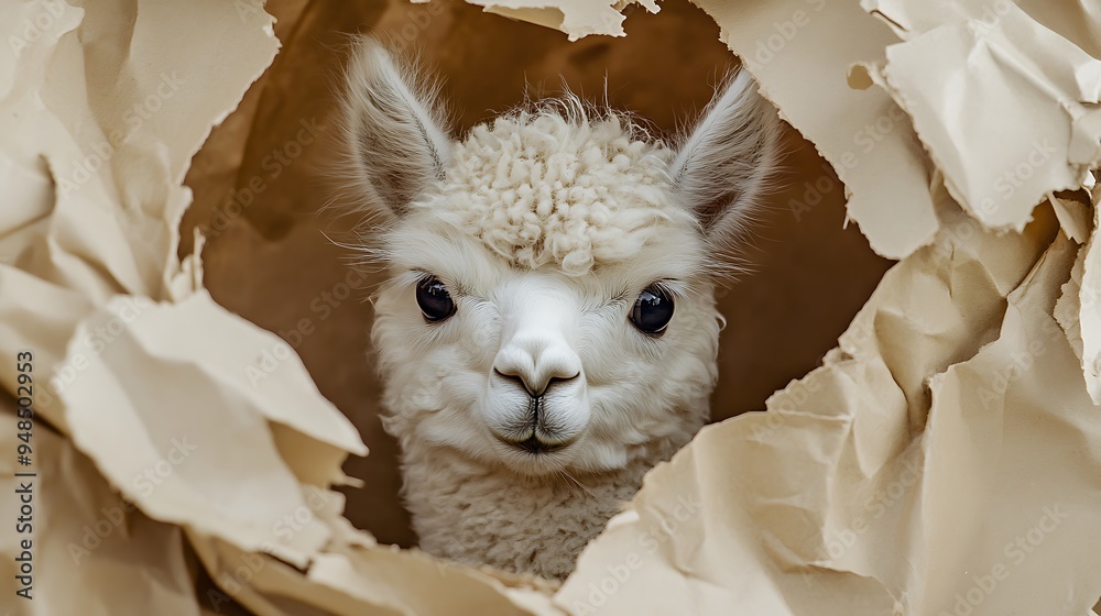 Alpaca Surprise: A fluffy white alpaca peeks through a torn paper bag ...