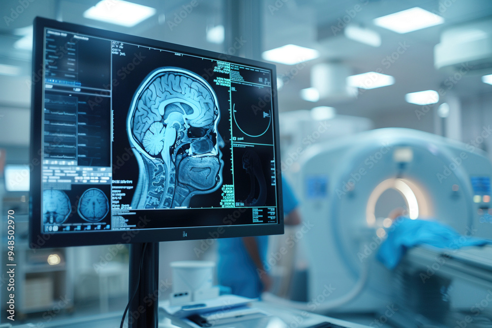 Modern clinic, doctor and a patient doing MRI on the background ...