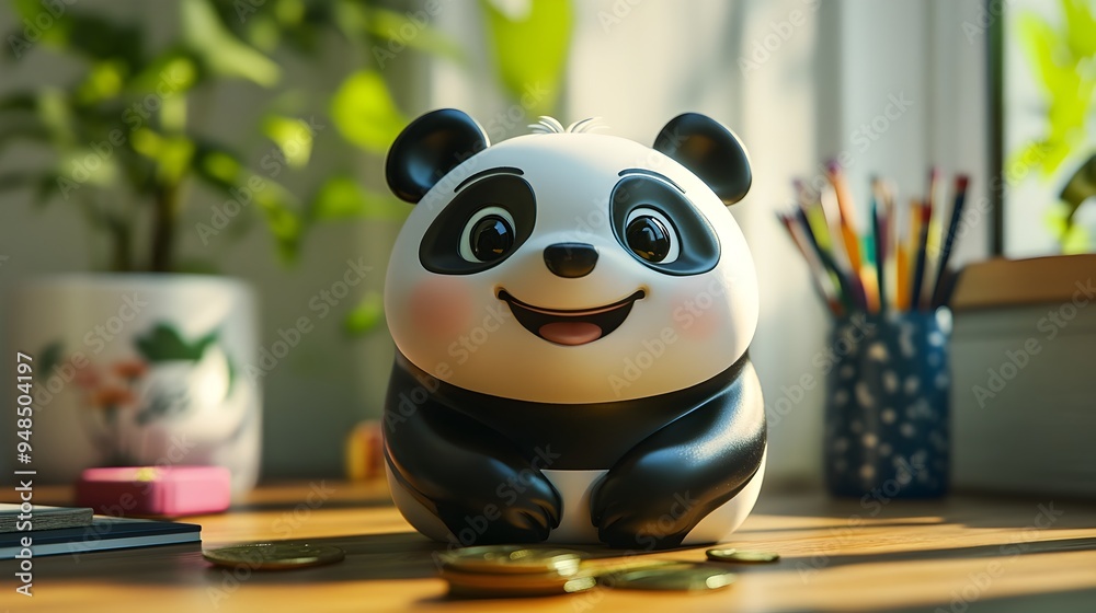 Cute Smiling Panda Piggy Bank Sitting on Child s Desk for Savings and ...