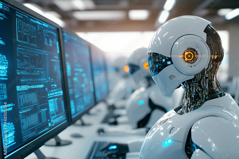 Artificial intelligence robots working in an office, data center with computers and screens ...