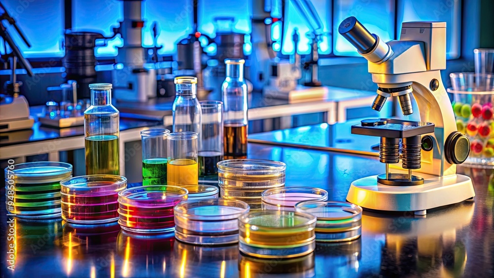 Microscope slides with biological samples, petri dishes, and laboratory ...