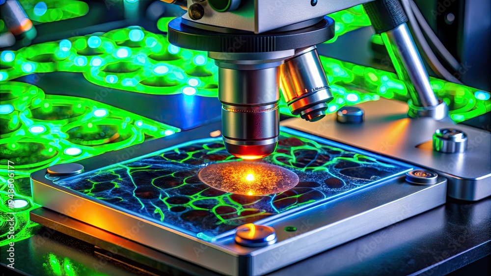 Microscope slide with fluorescently labeled cells, nuclei, and proteins, illuminated under a ...