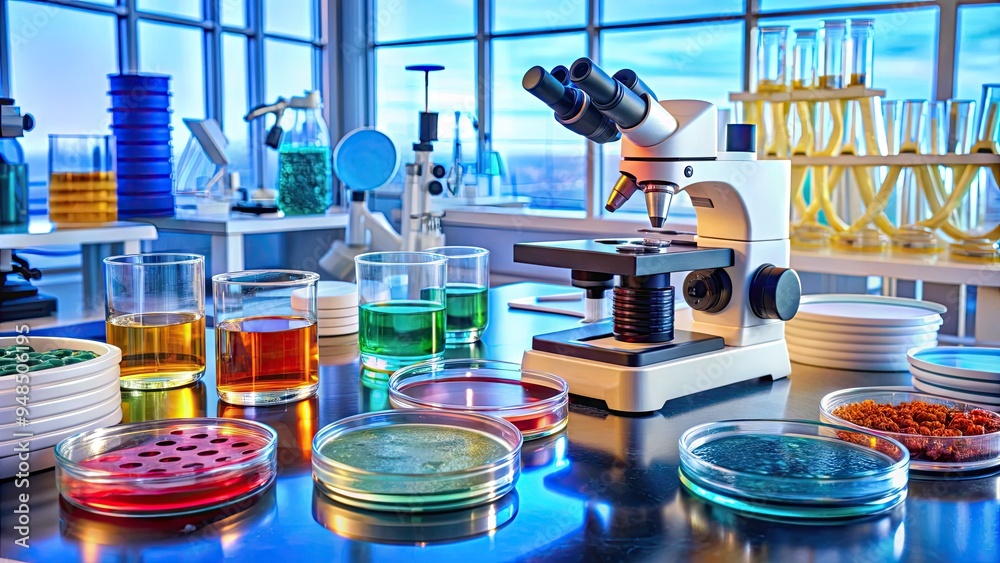 Microscope slides with cultured cells and petri dishes on a laboratory ...