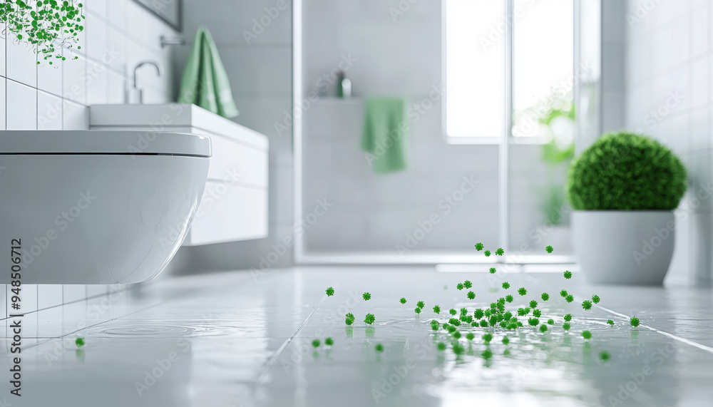 Germs spreading on a wet bathroom floor, germs, bathroom, showing the ...