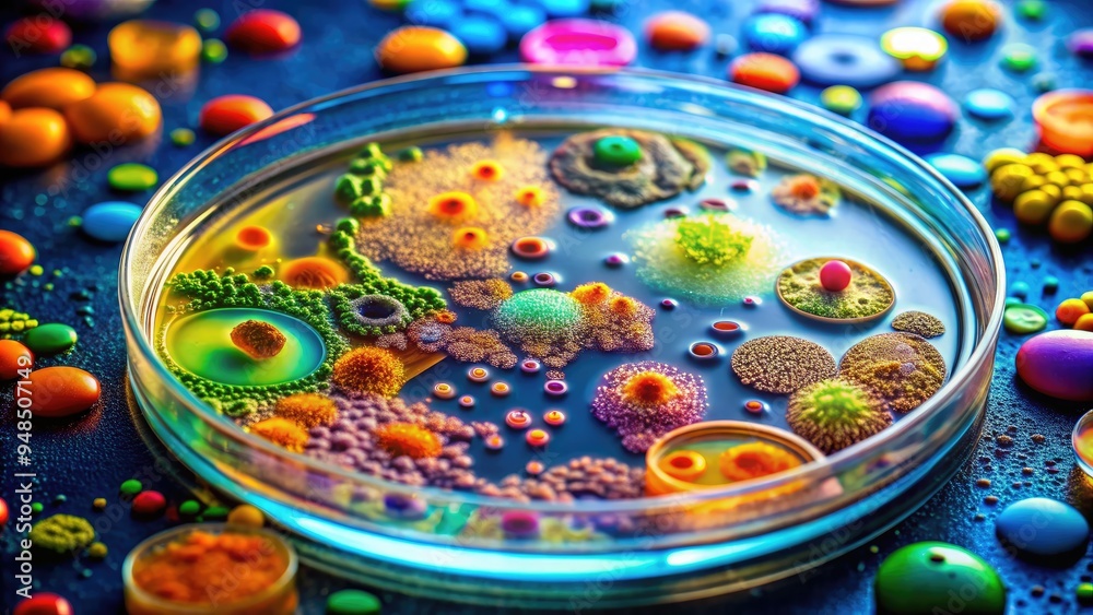 Microscopic image of colorful microbial cells under a petri dish ...
