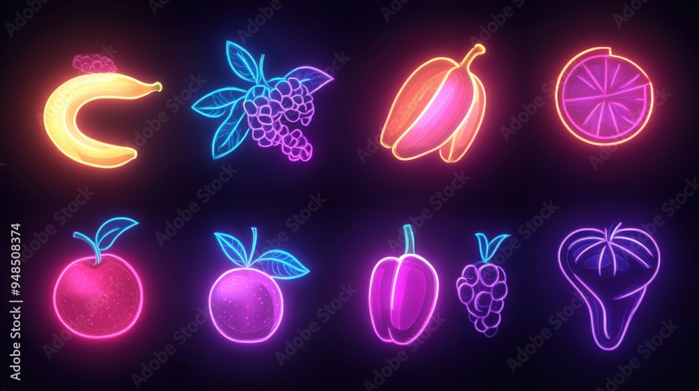 A vibrant neon set of nutrition symbols, featuring glowing fruits like ...