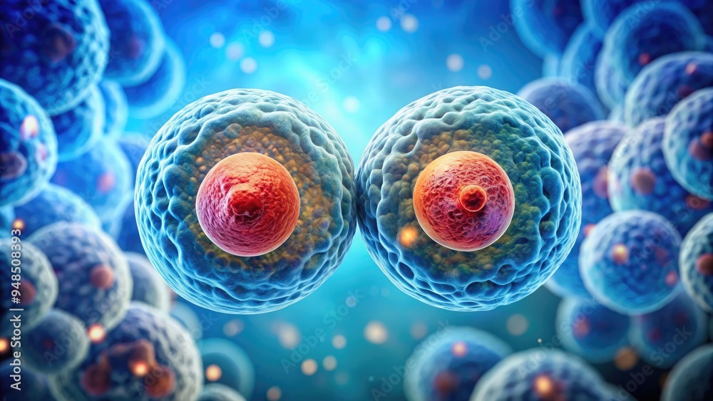 Microscopic view of a cell dividing into two daughter cells, with ...