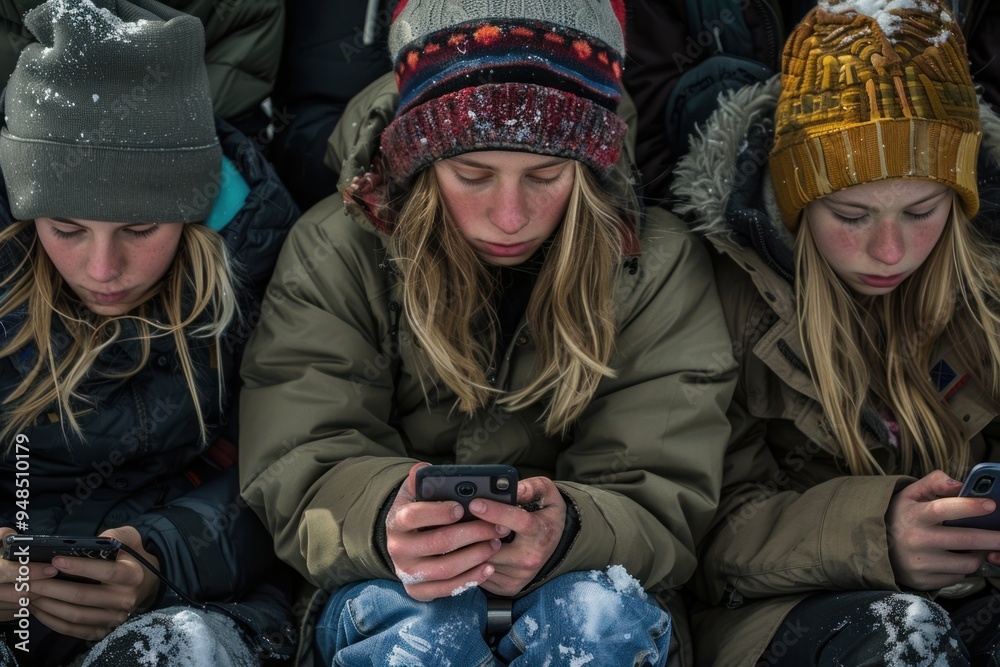 A group of teenagers sat huddled together, glued to their smartphones ...