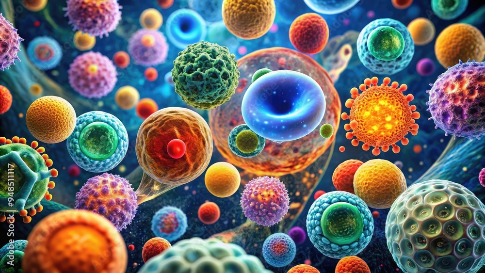 Microscopic view of various biological cells under analysis, with ...