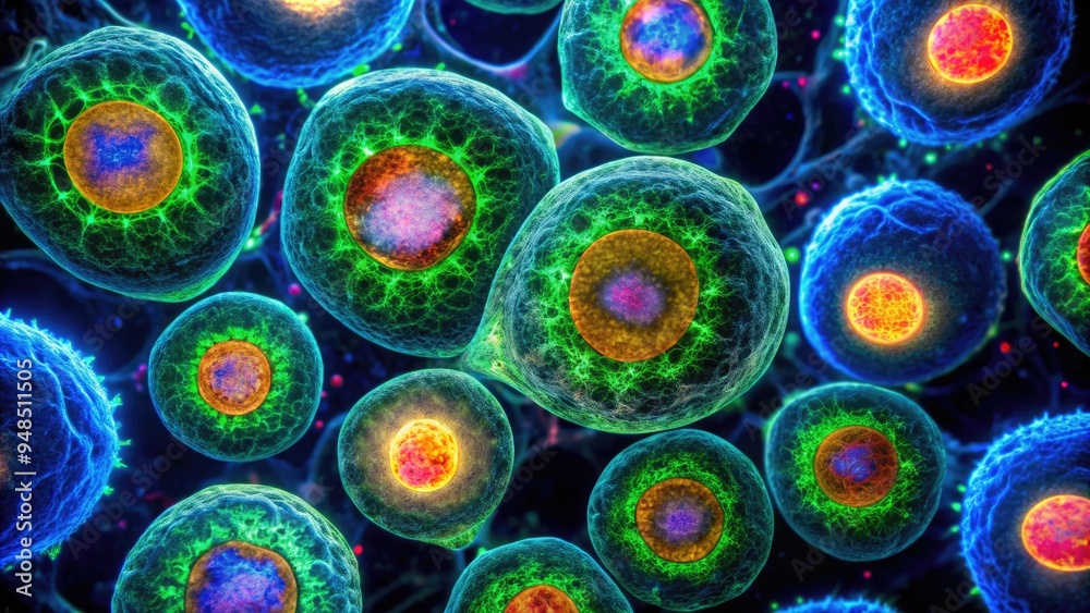 Microscopy image of fluorescently stained cells undergoing mitosis ...