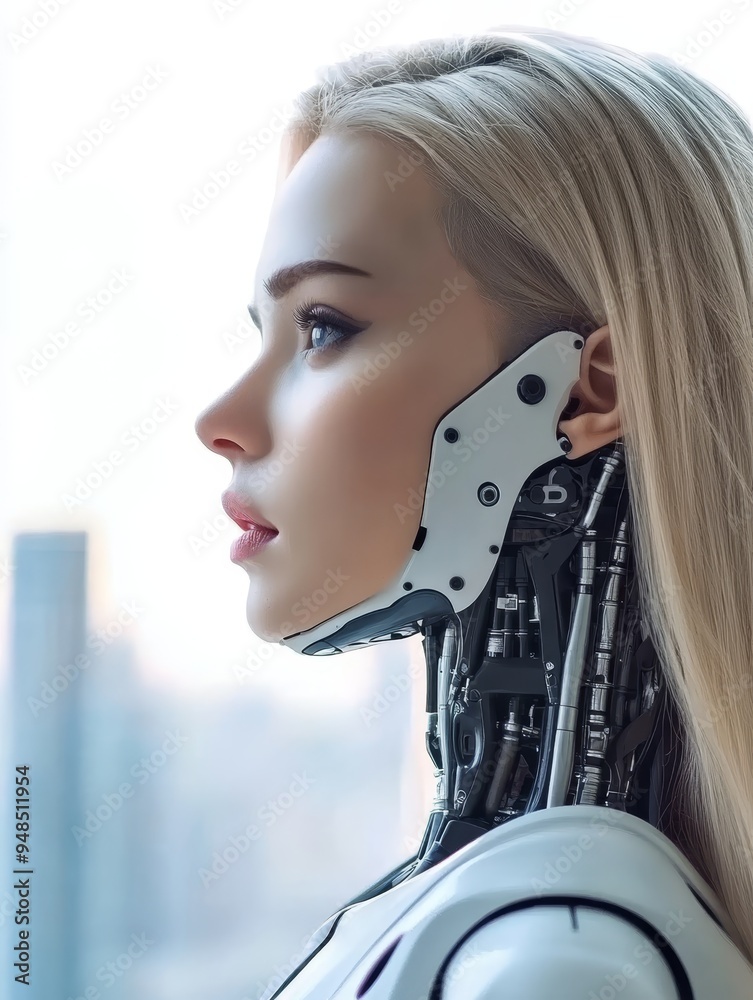 Profile view of a humanoid robot with blonde hair and realistic facial ...