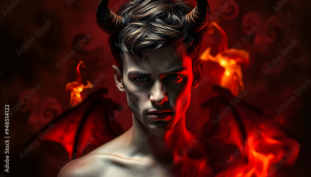 Hidden self. Young man in image of devil. Following emotions, dark side ...