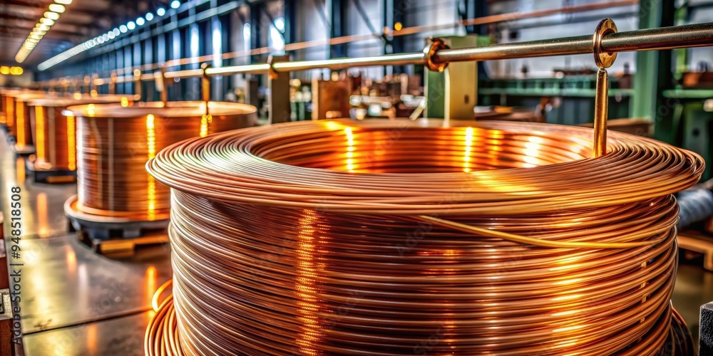 Shiny copper wire is precisely wound on a coil at a metallurgical plant ...