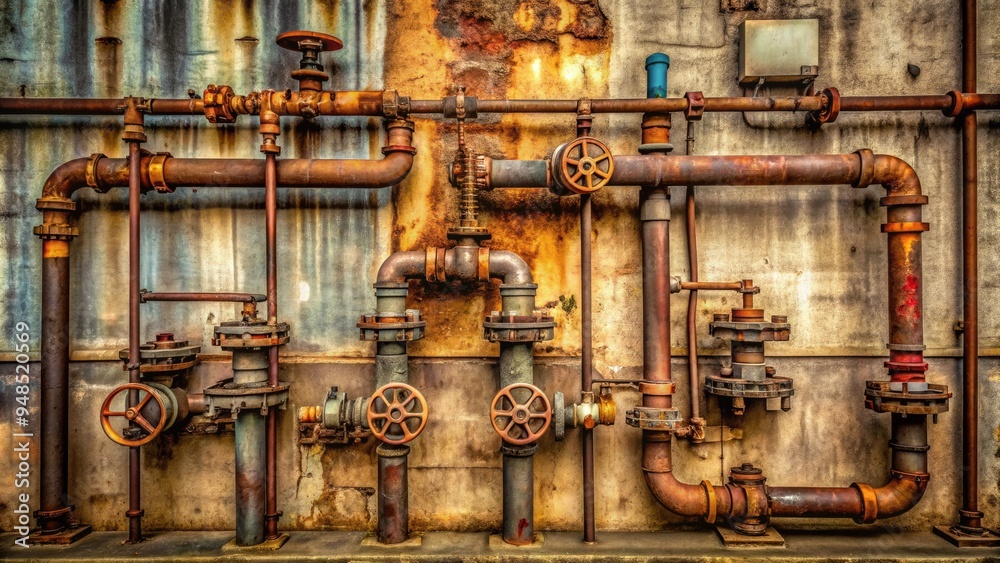 Urban industrial landscape: rusty pipes and valves adorn a worn ...