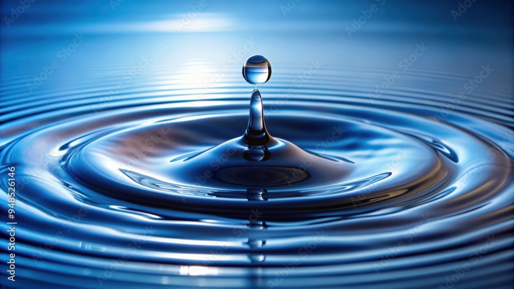 Water drop with ripple rings on surface against bluish background ...