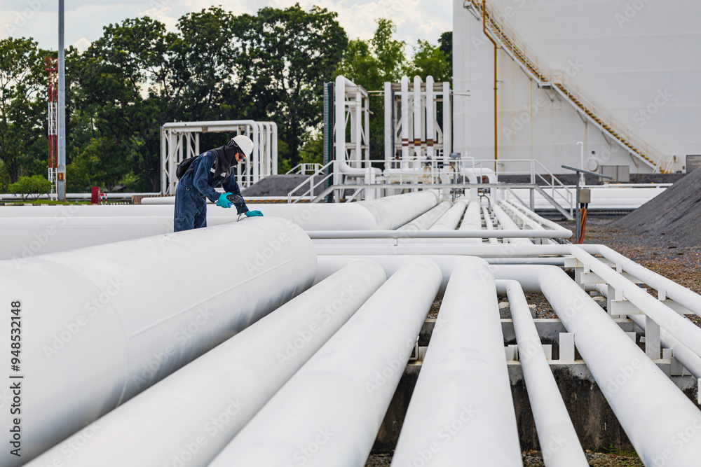 Male worker inspection and measurement thickness pipeline oil and gas ...