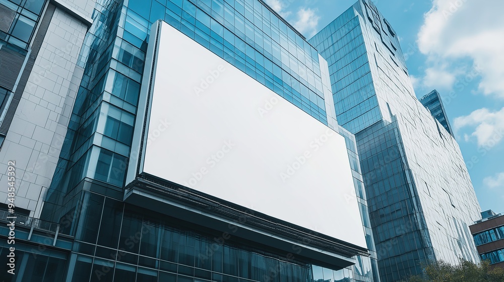 A front view of a large, white, blank, and empty advertising poster ...
