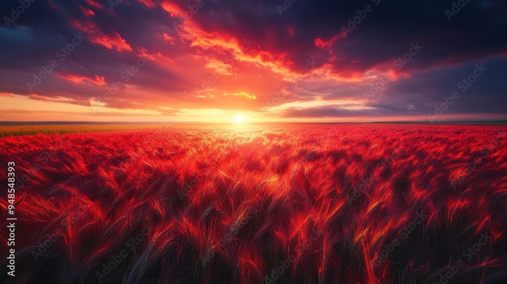 Expansive red grass field glowing under a dramatic sunset, with bold ...