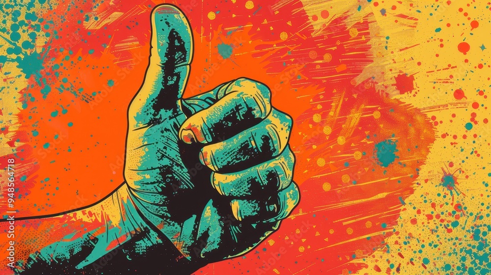 Trendy collage design of a thumbs up hand gesture with vibrant halftone ...