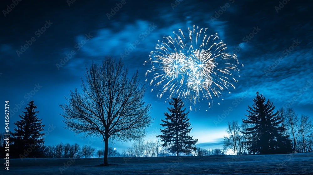 Beautiful long exposure of fireworks in a night blue sky, with a ...