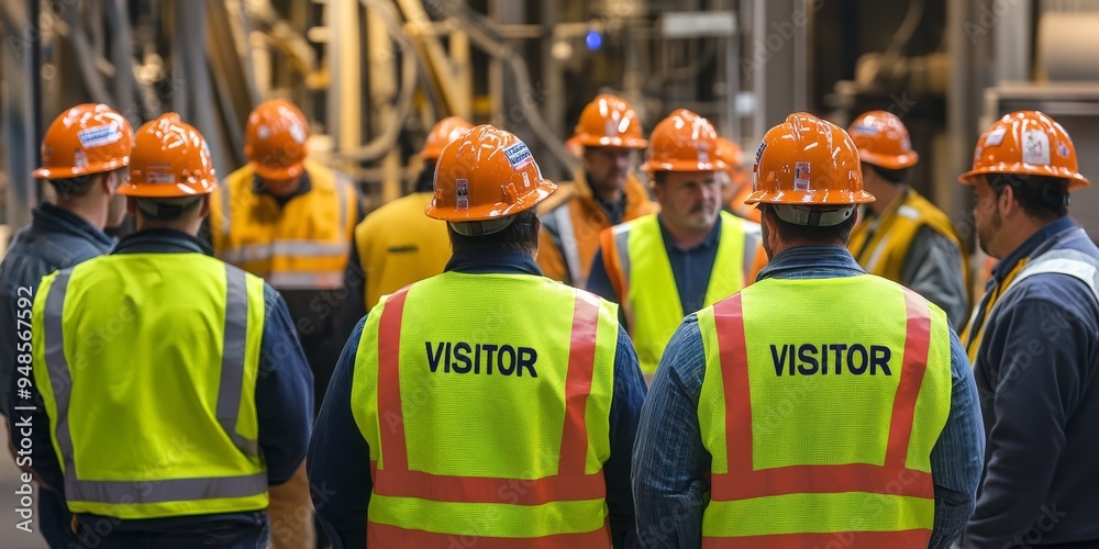 Visitors in safety gear are touring a busy construction site ...