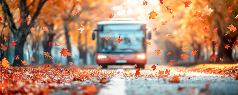 bus moving on beautiful asphalt road with dividing lines with many ...