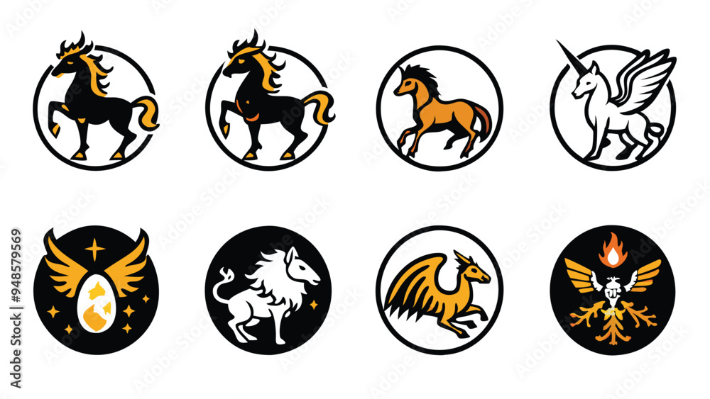 Vetor de Set of eight fantasy creature icons in line style, including a ...