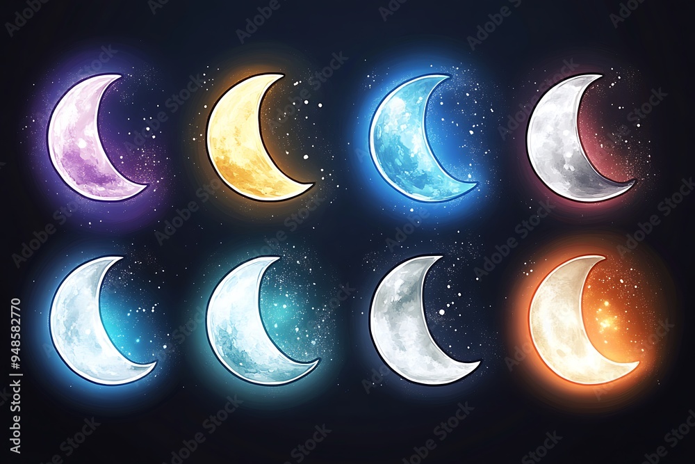 Celestial Moon Icons in Fantasy Game Art Style with High-Resolution ...