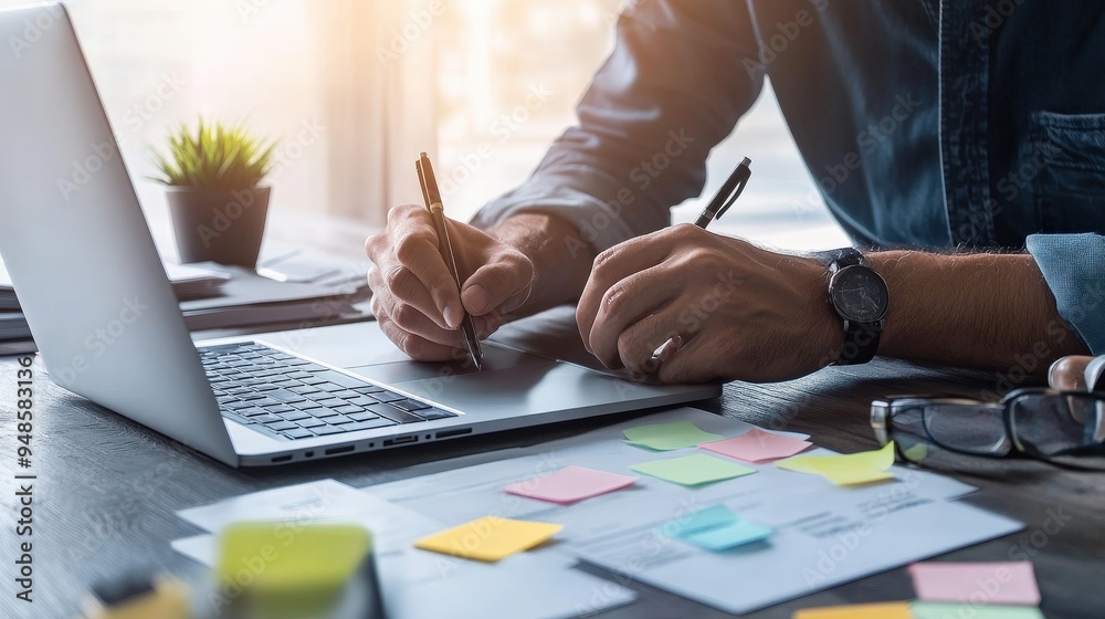 Professional reviewing customer journey maps on a laptop, with sticky ...