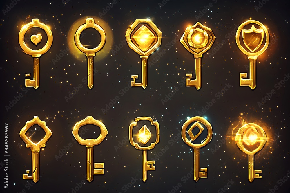 Golden Mystery Icons: Fantasy Game Illustration with Sparkling Details ...