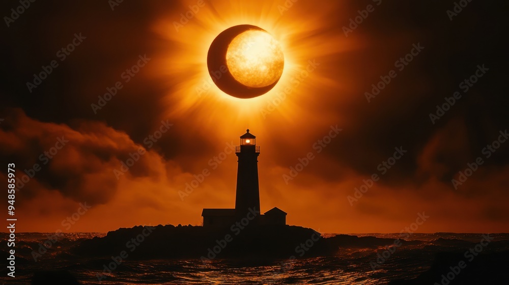Silhouetted lighthouse under the striking visual of a solar eclipse ...