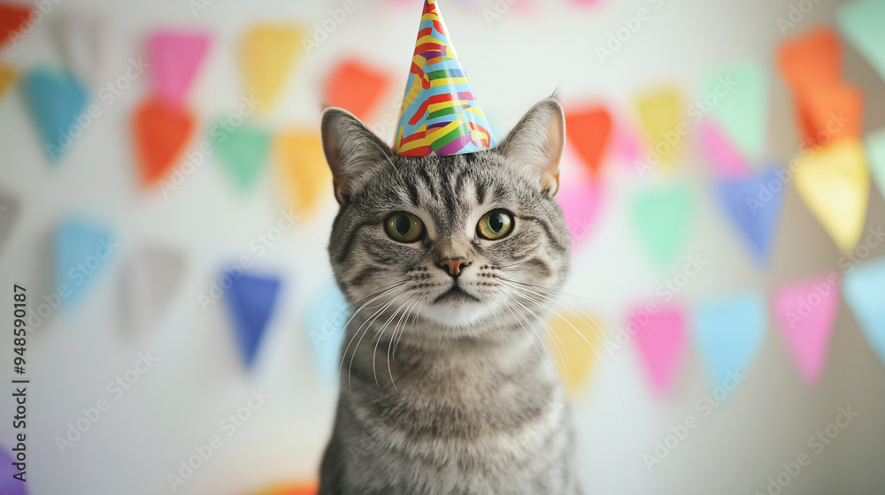 Foto de Gato feliz usando um chapéu de festa, comemorando uma festa de ...