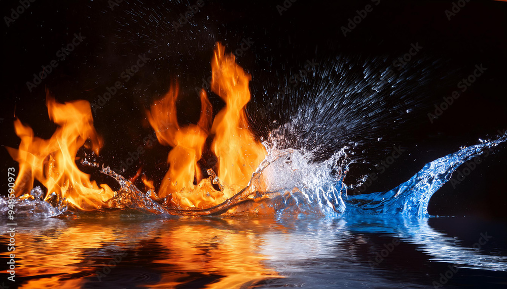Vivid flames and dynamic water splash in dramatic scene. Contrast and ...